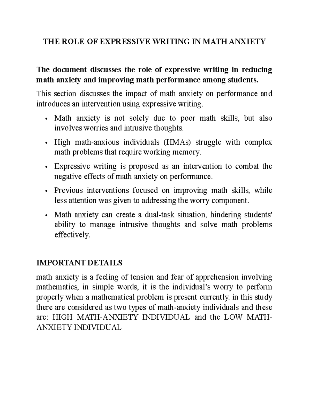 THE ROLE OF Expressive Writing IN MATH Anxiety - THE ROLE OF EXPRESSIVE ...