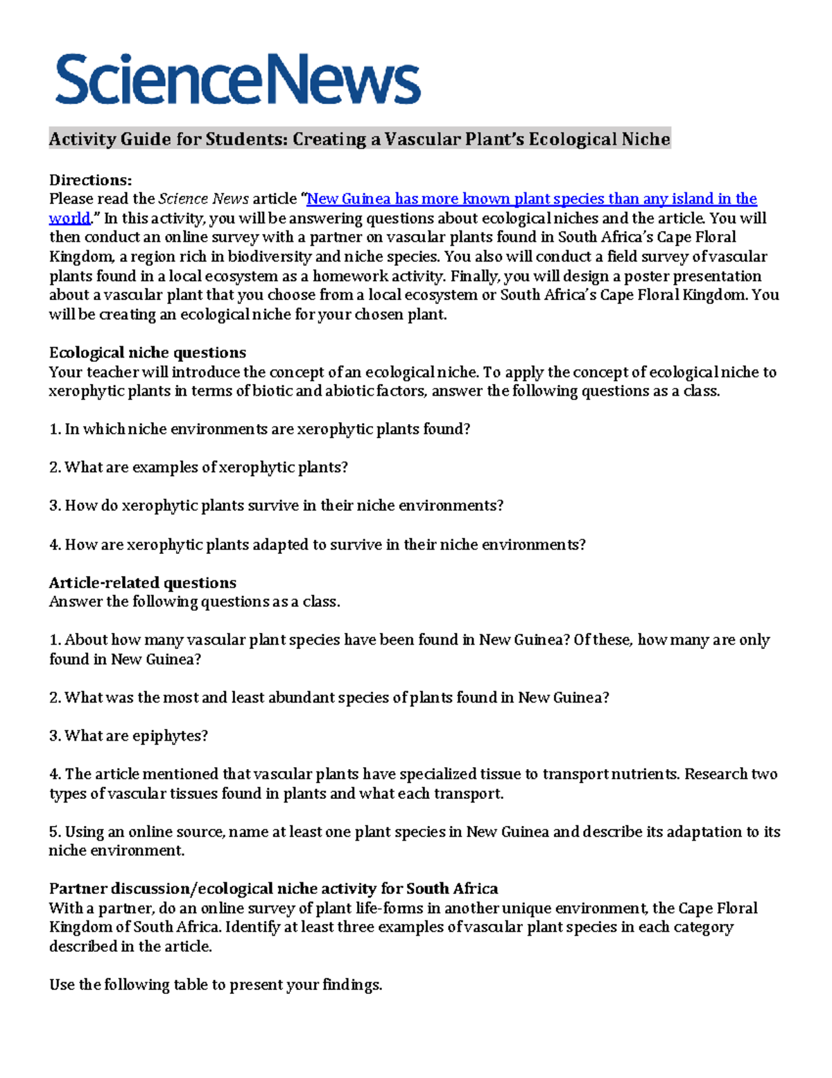 Vascular-Plants Student Worksheet - Activity Guide for Students ...