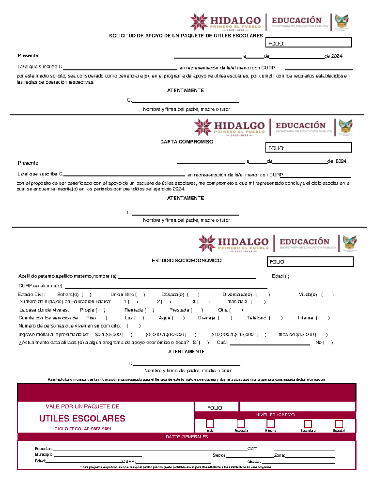 Vale Utiles Escolares 2024 - SOLICITUD DE APOYO DE UN PAQUETE DE ÚTILES ESCOLARES Presente a de ...