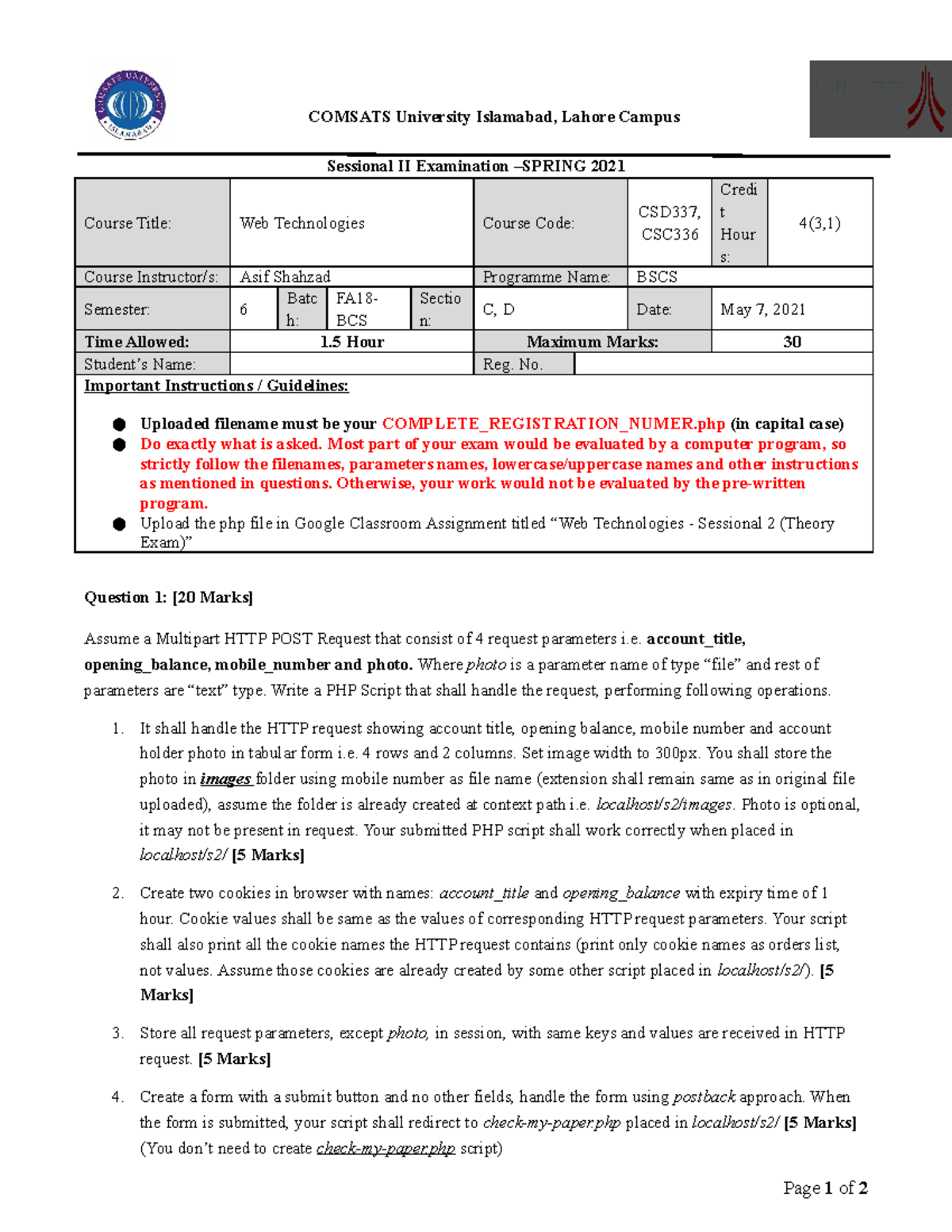 CSC336 Web Technologies Sessional 2 BSCS BSSE 6th Spring 2021 Asif Shahzad - COMSATS University ...