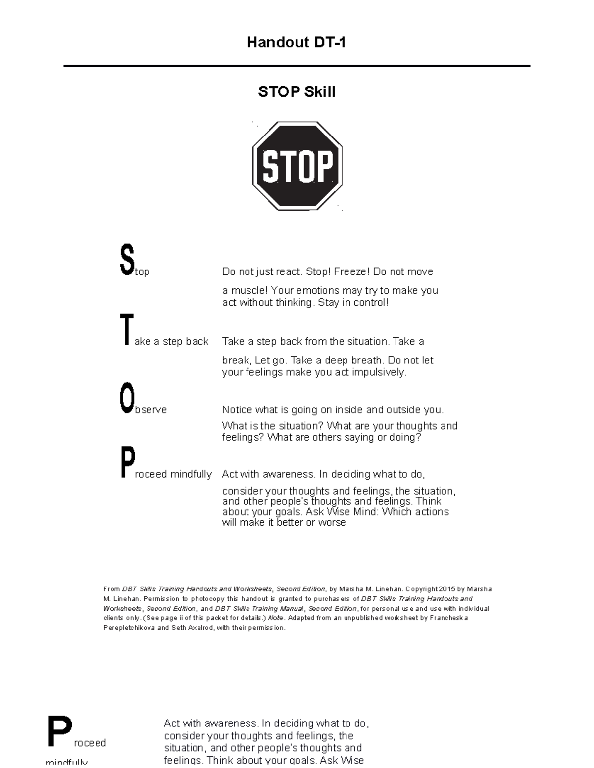 Distress Tolerance Handouts and Worksheets 1 - Handout DT- STOP Skill ...