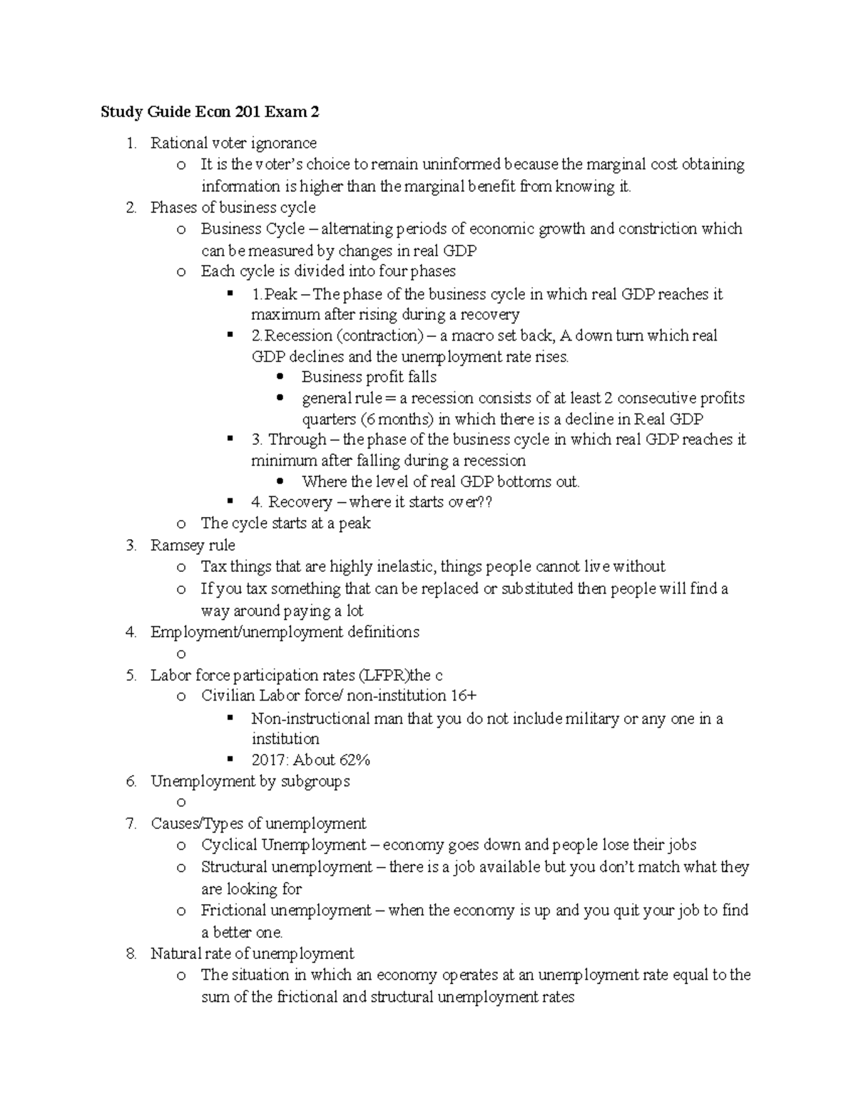 ECON 201 Study Guide 2 - Study Guide Econ 201 Exam 2 Rational voter ...