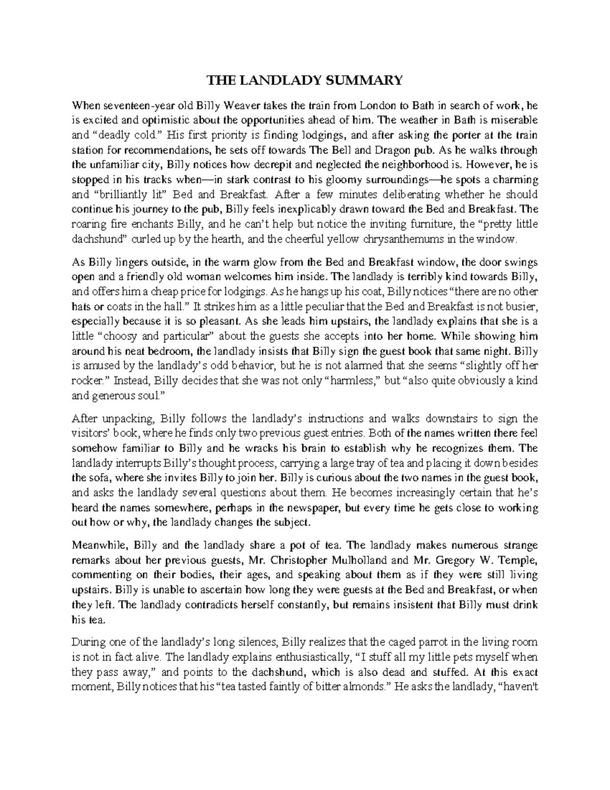 The+landlady+summary - THE LANDLADY SUMMARY When seventeen-year old ...