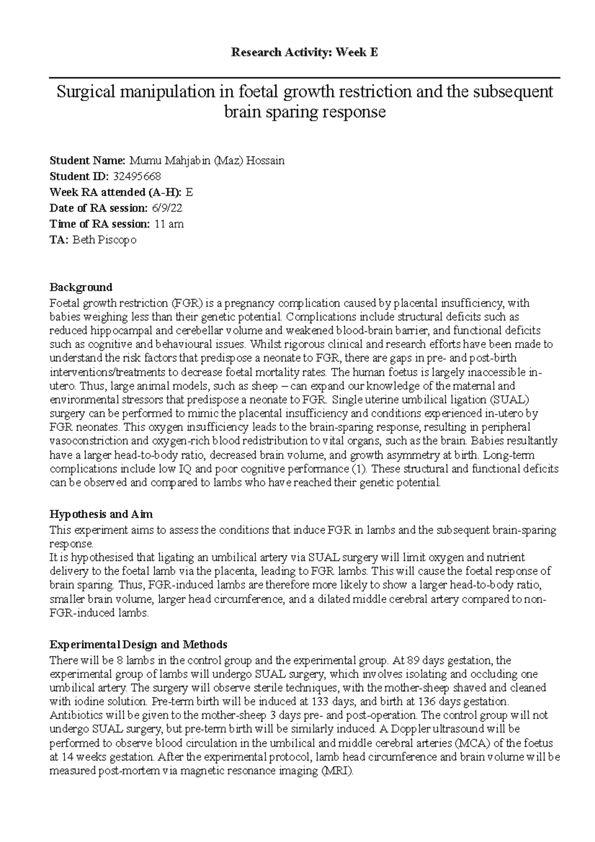 Hossain 32495668 Wk7 E 2022 - Research Activity: Week E Surgical ...