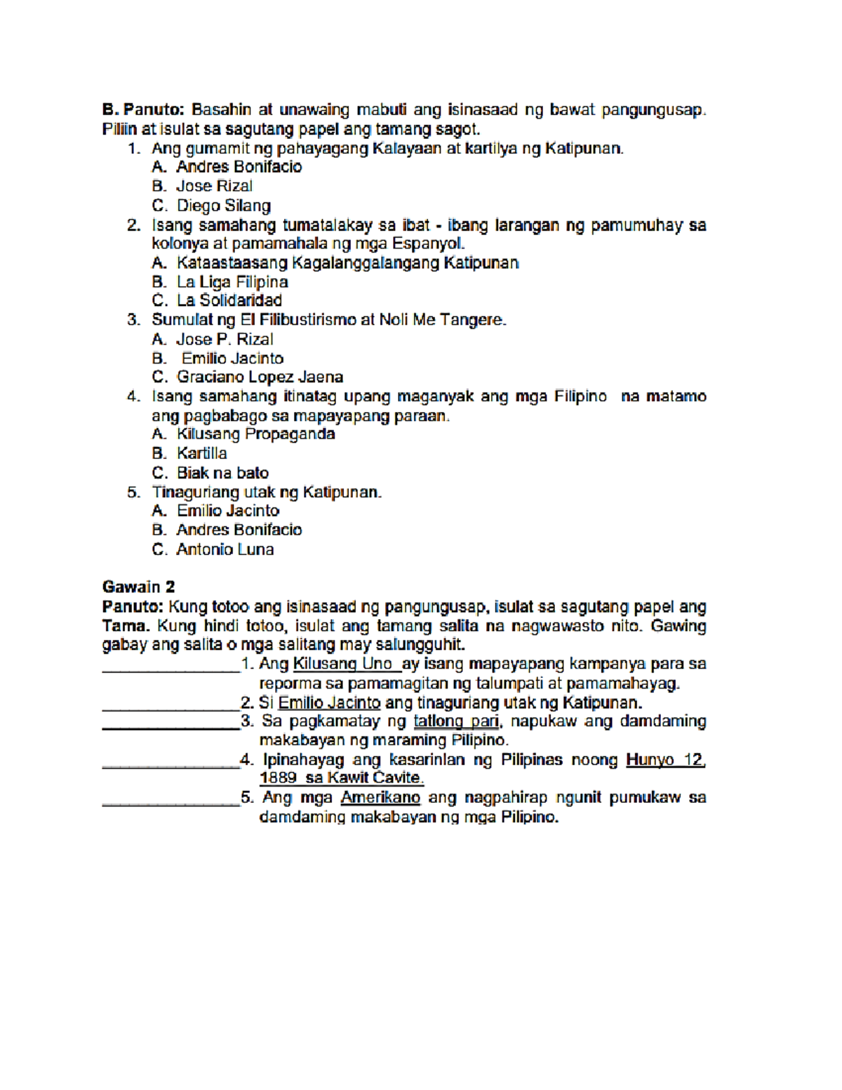 Written Work Assignment for Elementary - B. Panuto: Basahin at unawaing ...