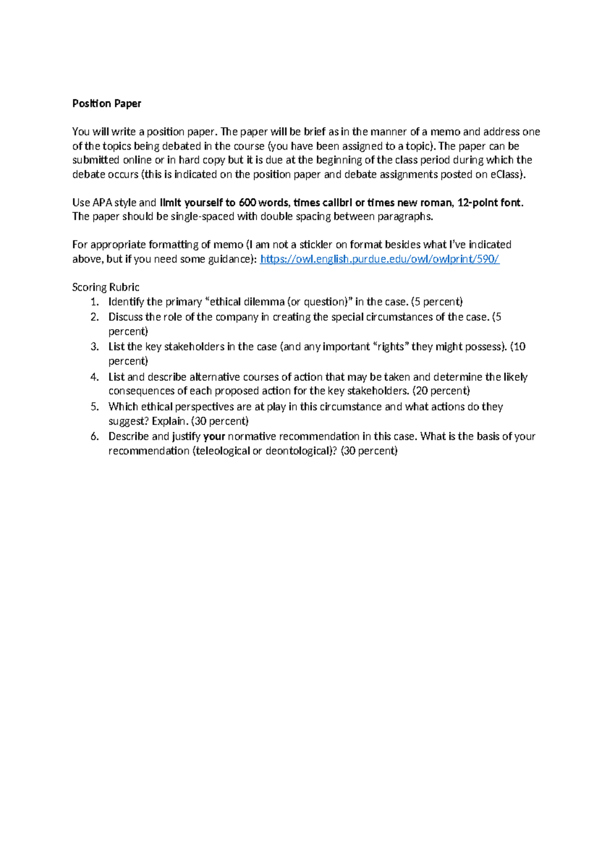 Position Paper Rubric - Position Paper You will write a position paper ...