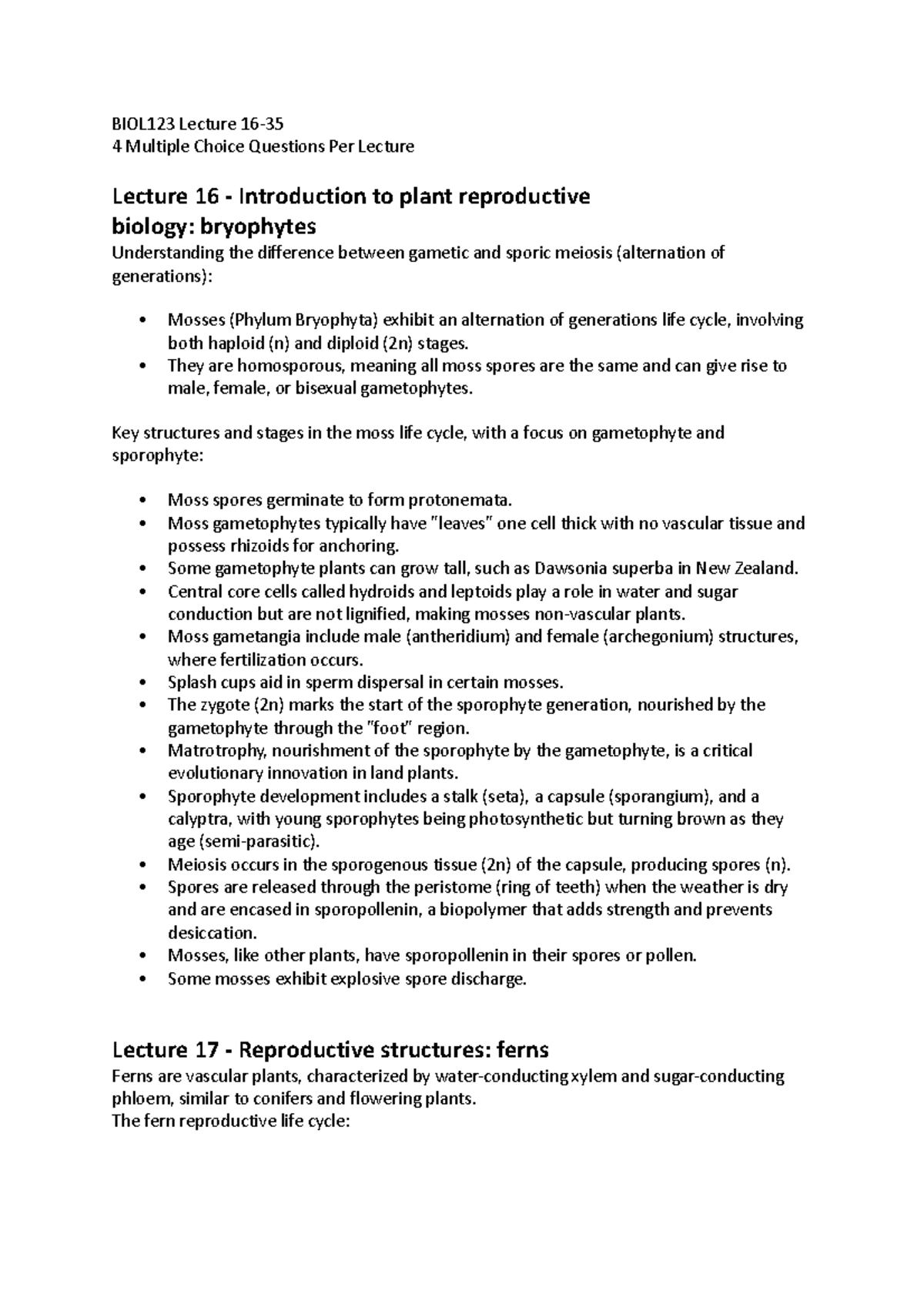 BIOL123 Final Exam Lectures 16-35 - BIOL123 Lecture 16- 4 Multiple ...