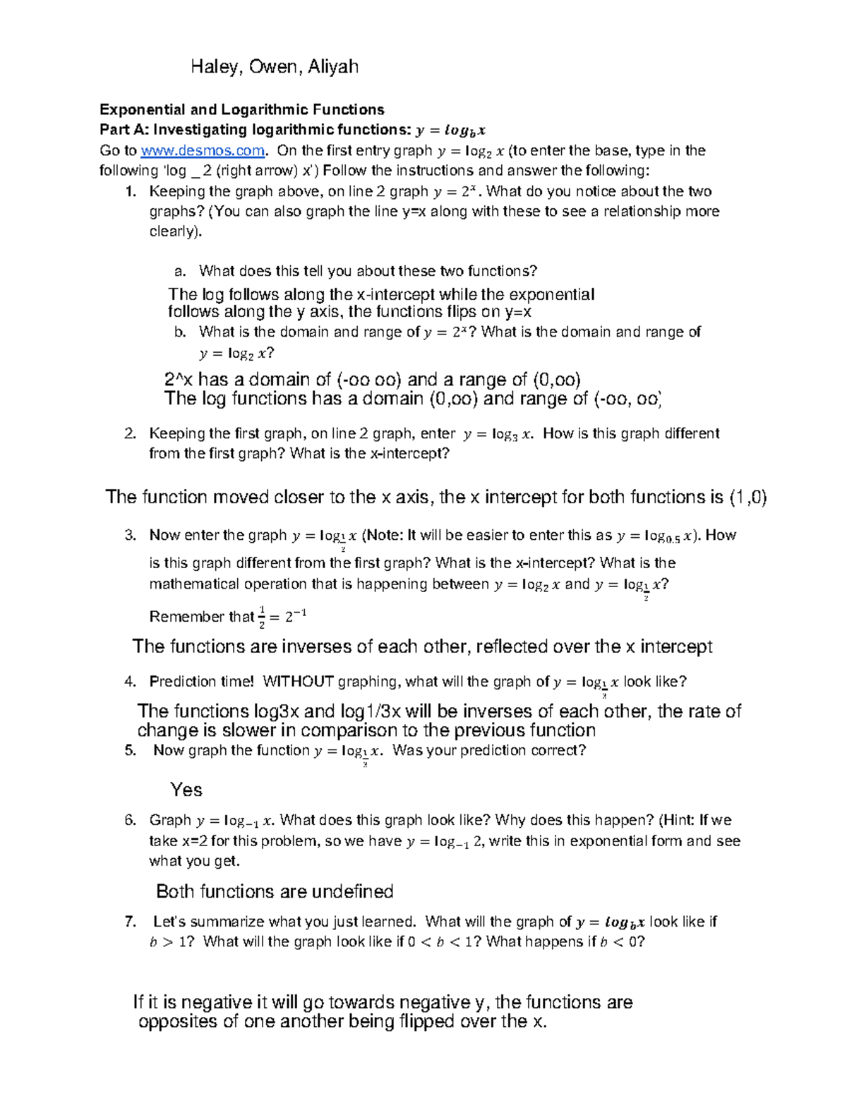 6.4 Log Exploration (1) - Exponential and Logarithmic Functions Part A ...