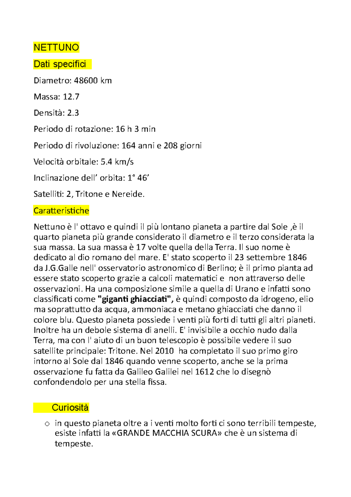Pianeti word - appunti - NETTUNO Dati specifici Diametro: 48600 km ...