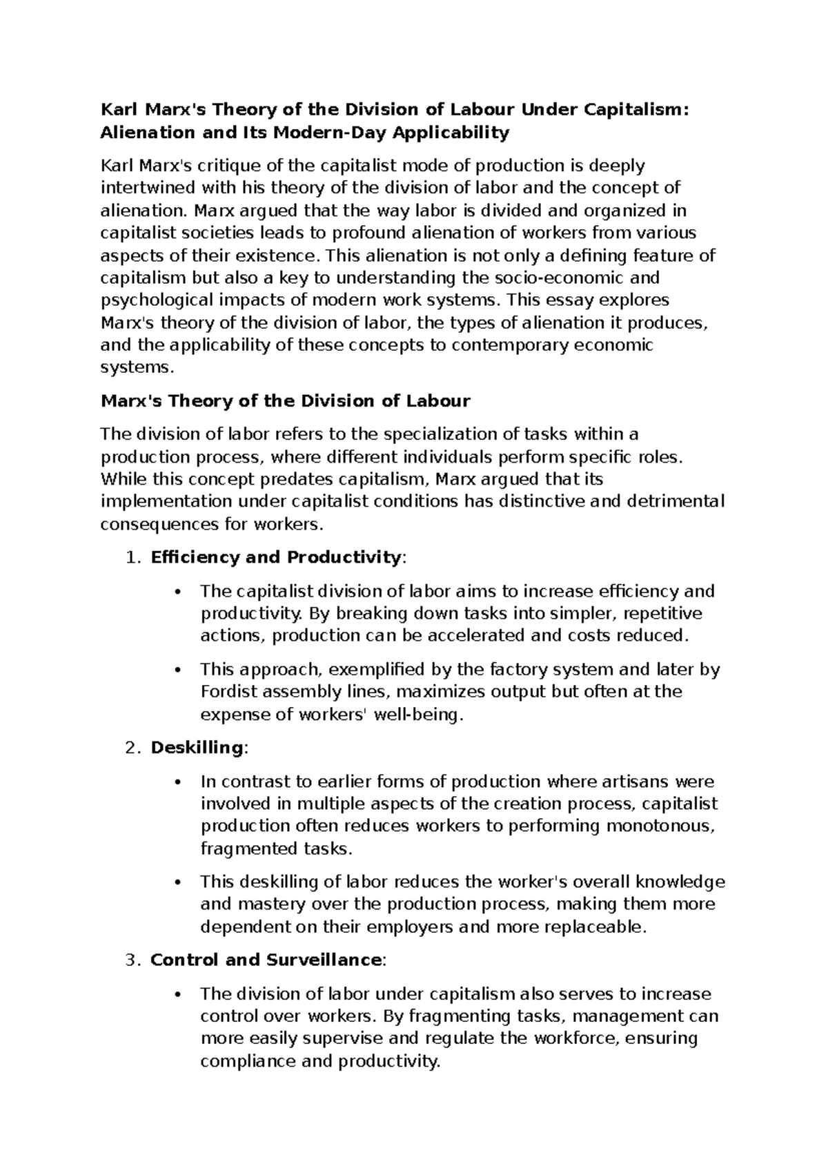 Theory OF Alienation Essay - Karl Marx's Theory of the Division of ...