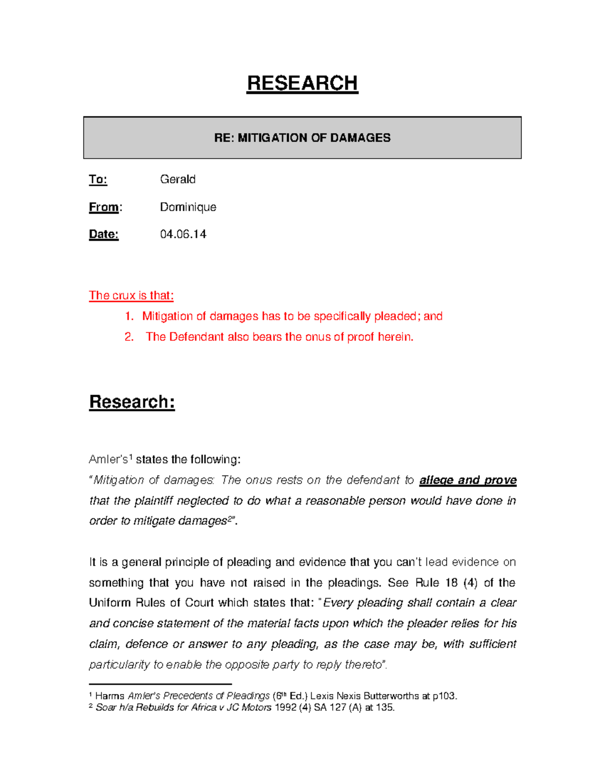 Example 2 OF Legal Office MEMO - RESEARCH RE: MITIGATION OF DAMAGES To ...