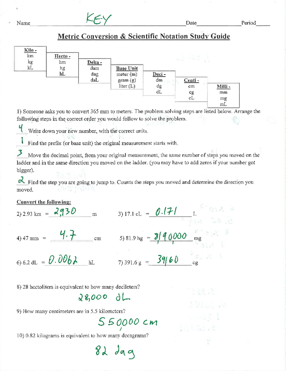 Metric Conversion and Scientific Notation Test Study Guide KEY - Name ...