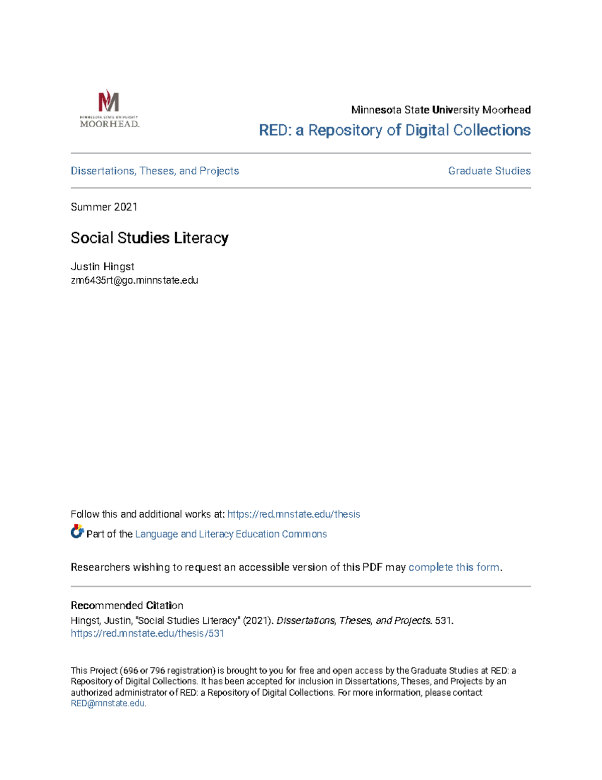 Social Studies Literacy - Minnesota State University MoorheadMinnesota ...