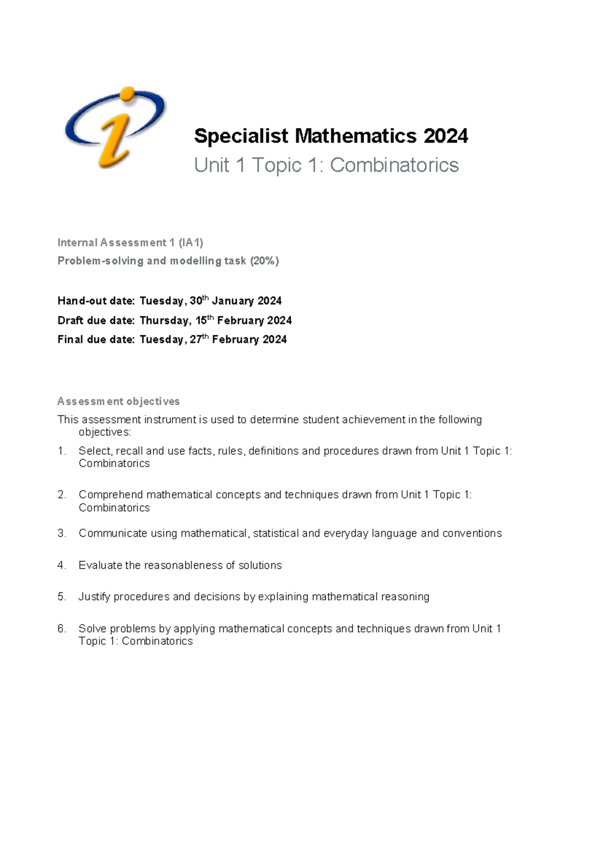 2024 Yr 11 Specialist Mathematics IA1 PSMT - Specialist Mathematics 2024 Unit 1 Topic 1 : - Studocu