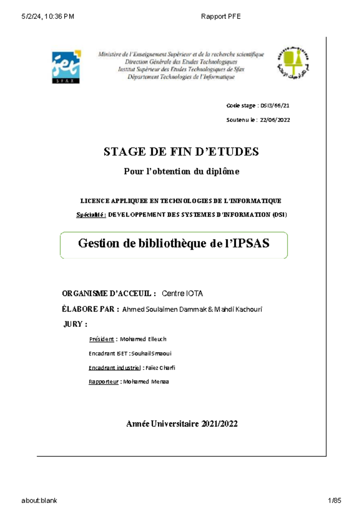 Rapport PFE - Code stage : DSI3/66/ Soutenu le : 22/06/ STAGE DE FIN D ...
