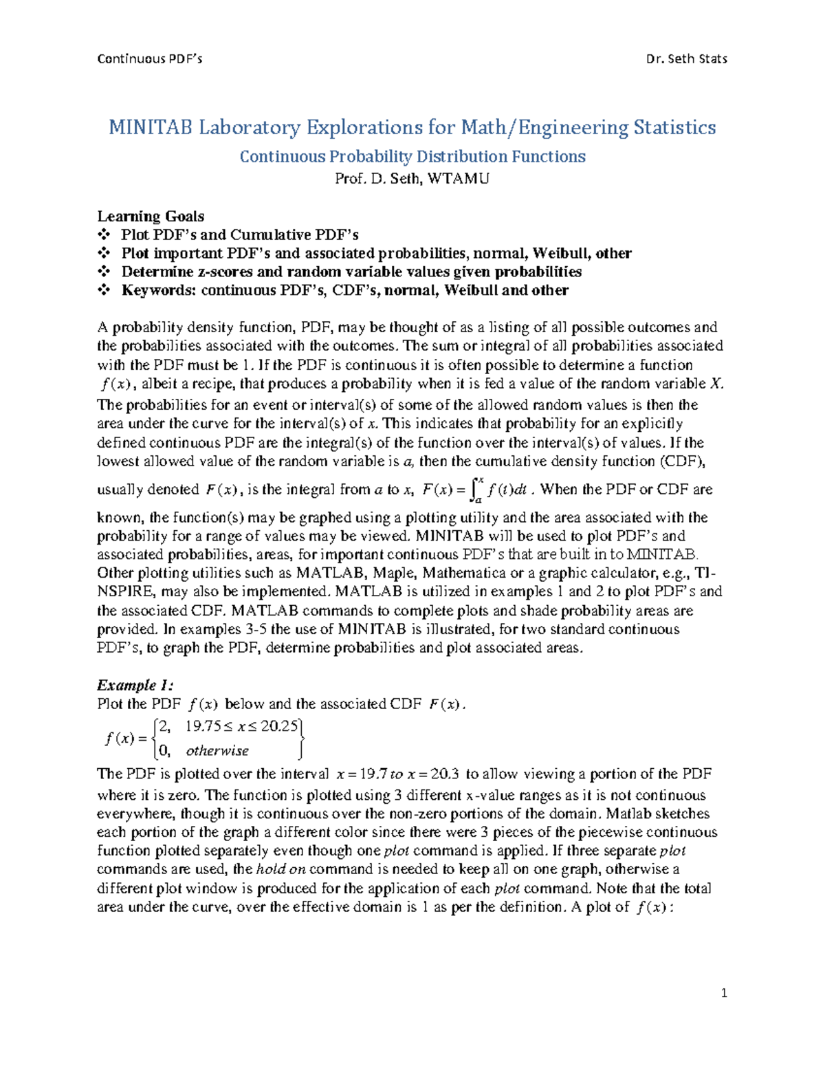 Minitab Lab 3 pdf continuouss 19examples - Continuous PDF’s Dr. Seth ...