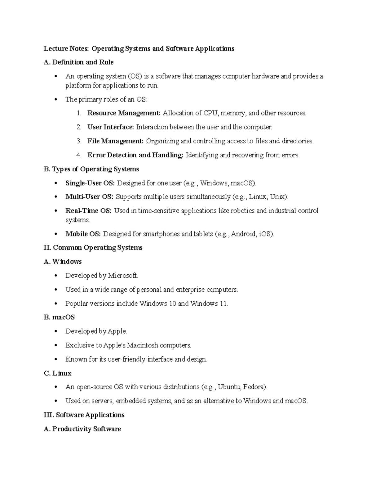 Topic Three Operating System Lecture Notes Operating Systems And Software Applications A 