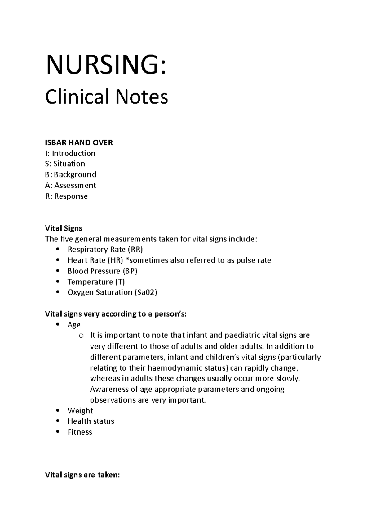 Nursing Vital Signs Nursing Clinical Notes Isbar Hand Over I