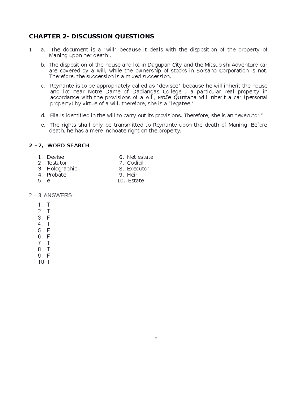 Sol man 2 - solution manuals - CHAPTER 2- DISCUSSION QUESTIONS a. The document is a “will ...