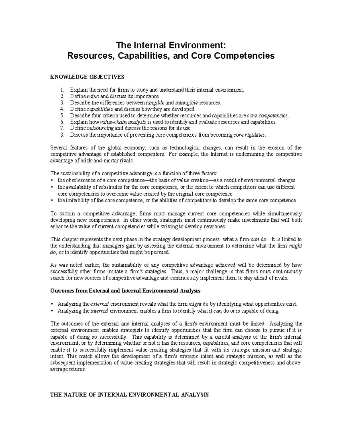 Chapter 3 Internal Environment Analysis - The Internal Environment ...