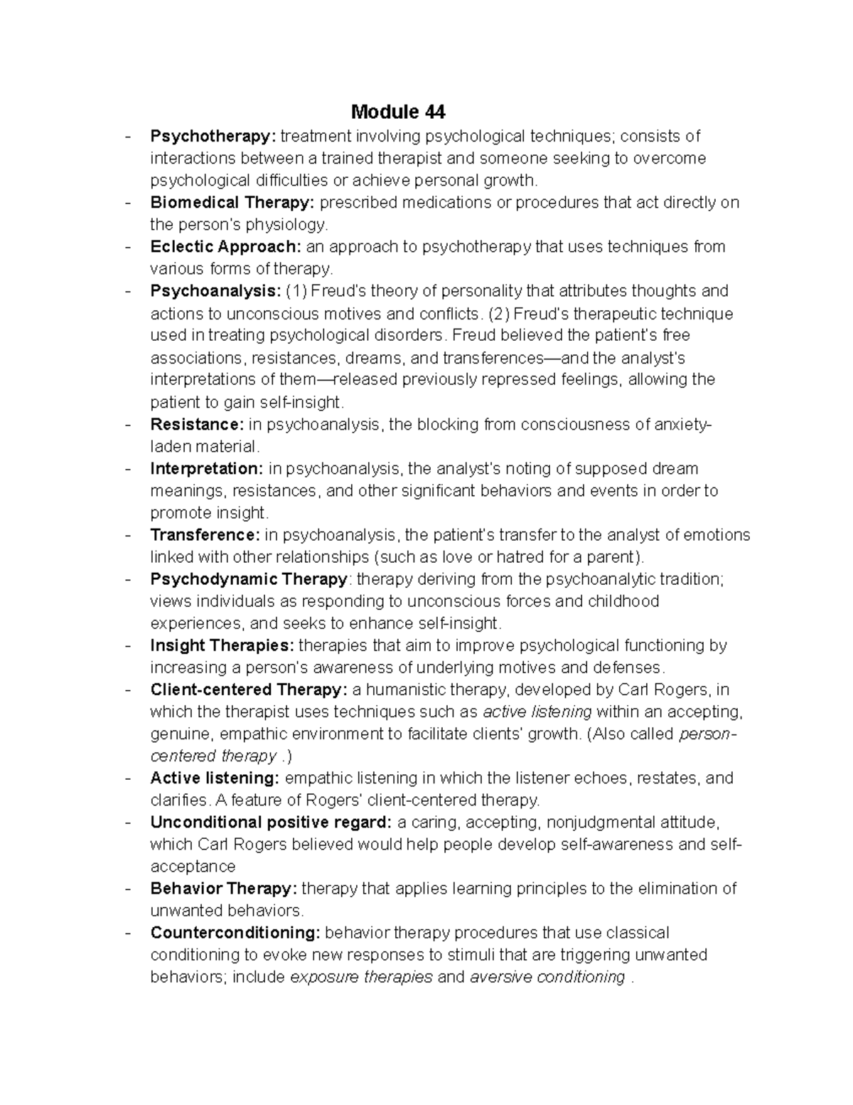 Therapies Review Sheet - Module 44 Psychotherapy: treatment involving ...