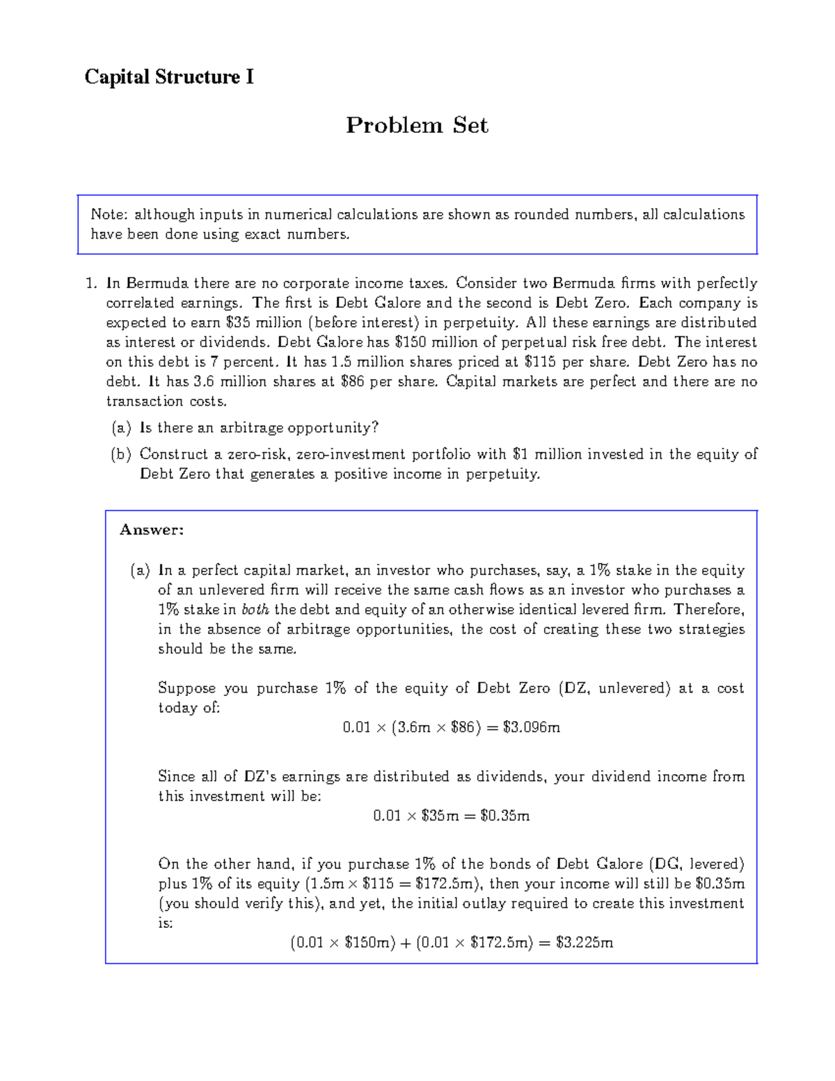 FN2191_4.1 Capital Structure I problem set solutions - Problem Set Note: although inputs in ...
