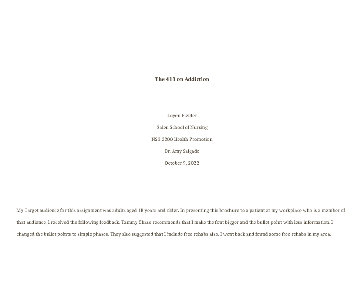 Addiction brochure project final project - The 411 on Addiction Loyen ...