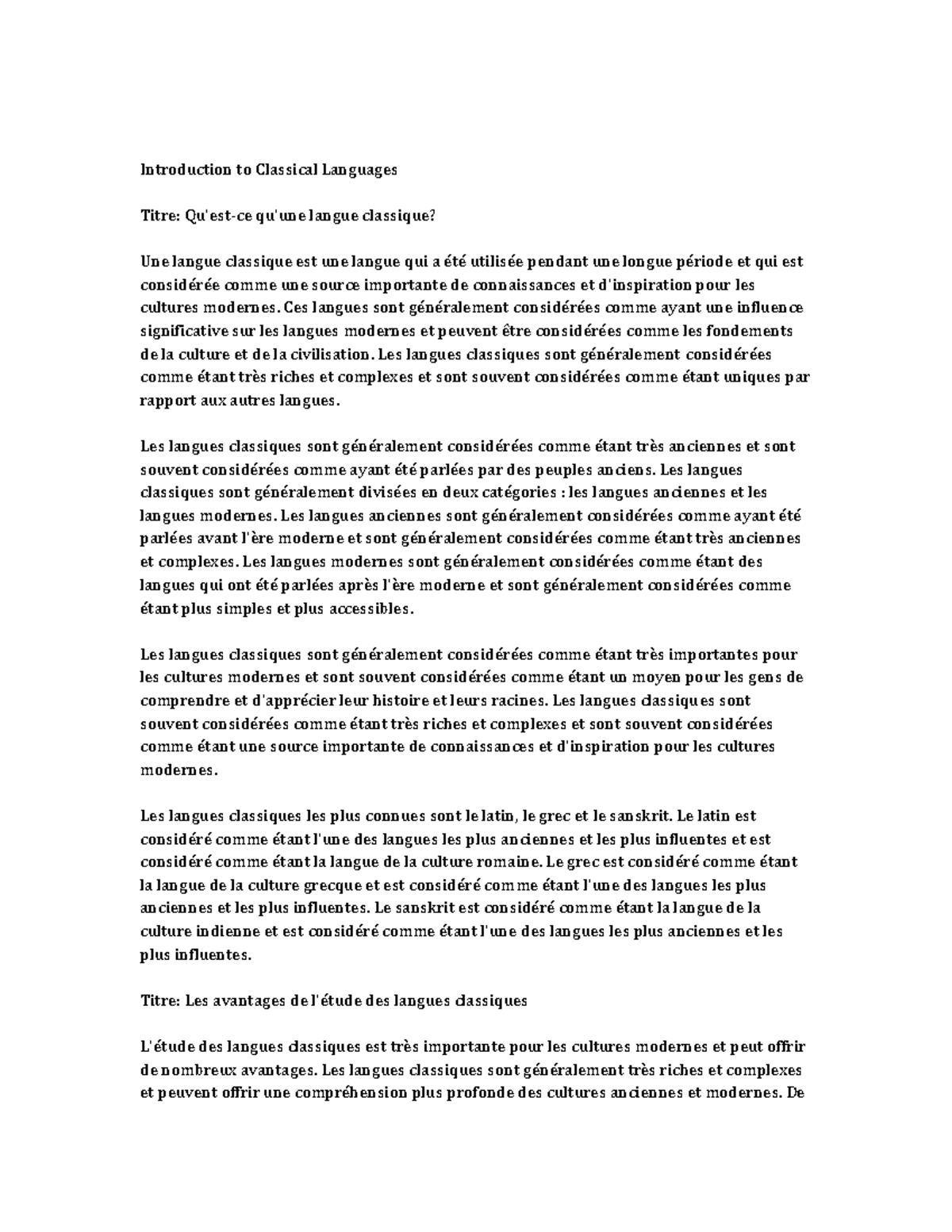 Classical Languages - Introduction to Classical Languages Titre: Qu'est ...
