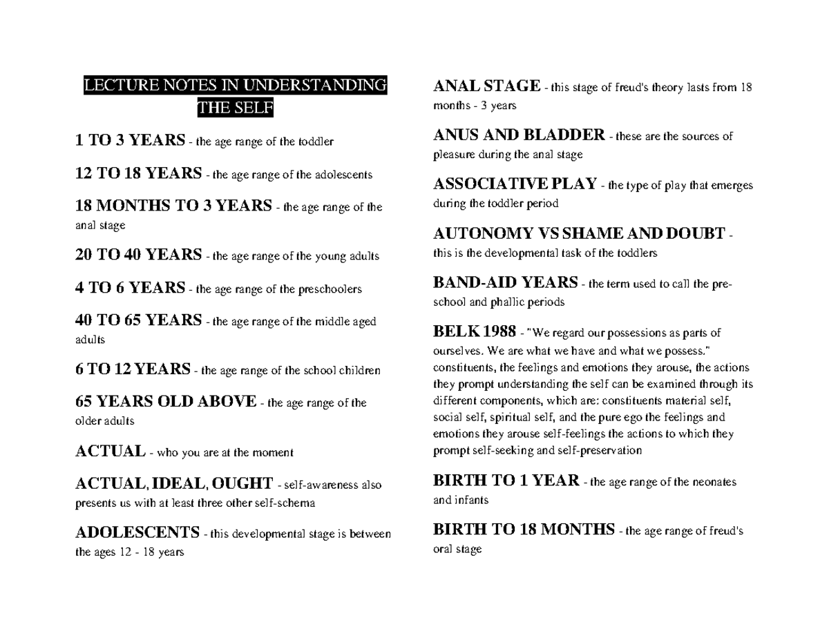 Lecture Notes IN Understanding THE SELF - LECTURE NOTES IN ...