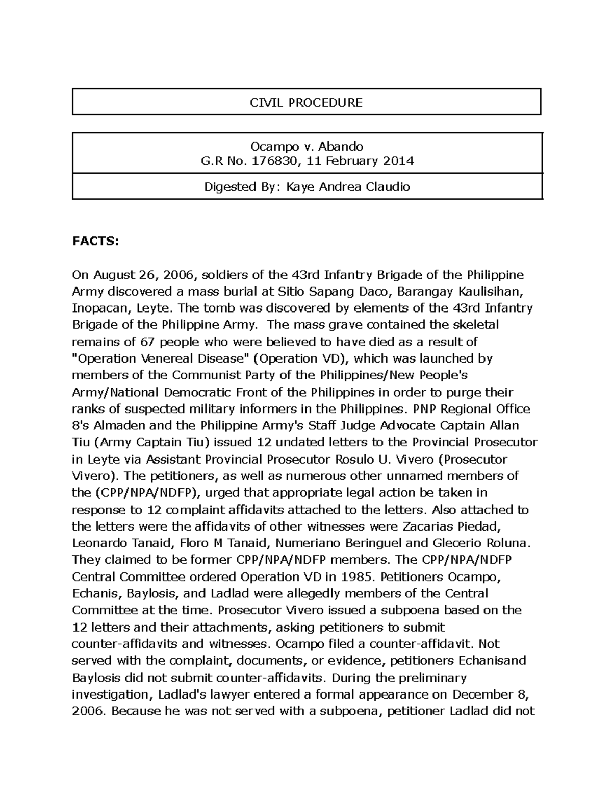 CASE Digest Civil Procedure - CIVIL PROCEDURE Ocampo v. Abando G No ...