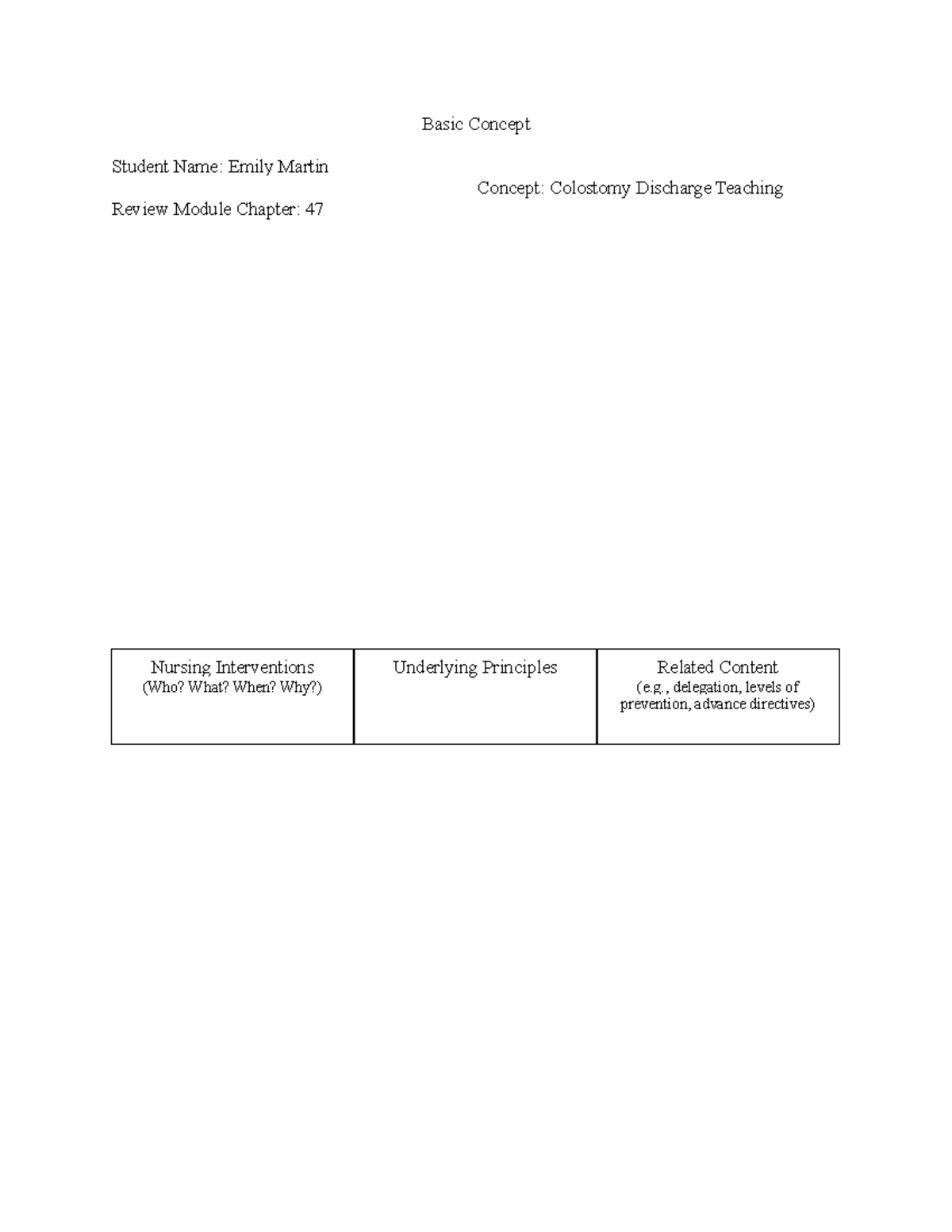 Colostomy Discharge Teaching - Basic Concept Student Name: Emily Martin ...