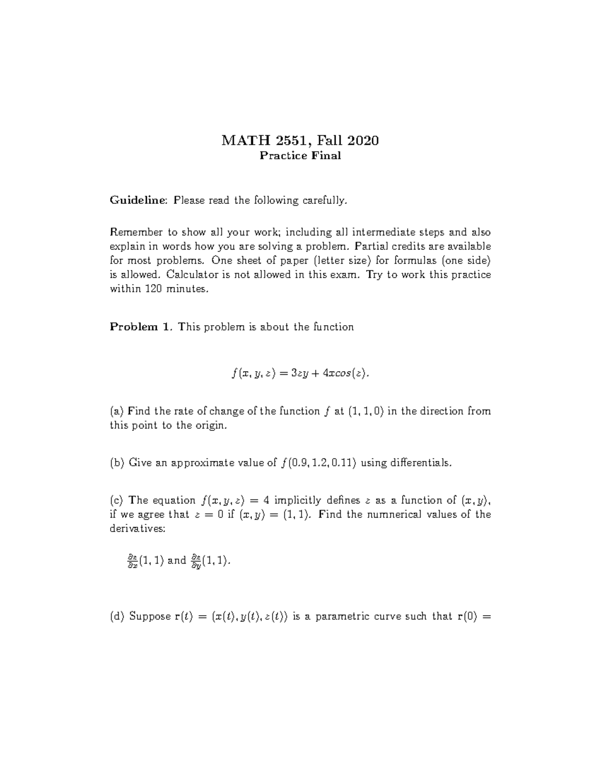 Prf - Practice Tests - MATH 2551, Fall 2020 Practice Final Guideline ...