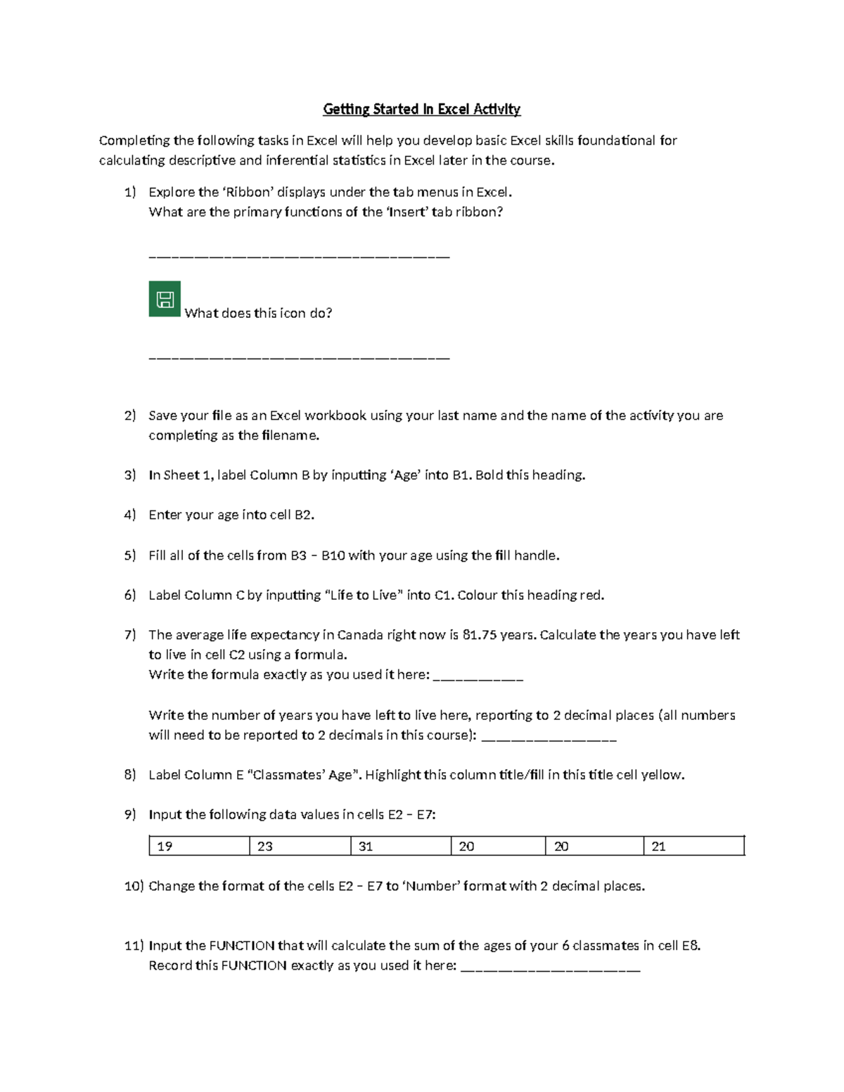 Getting+started+in+Excel+activity - Getting Started in Excel Activity ...