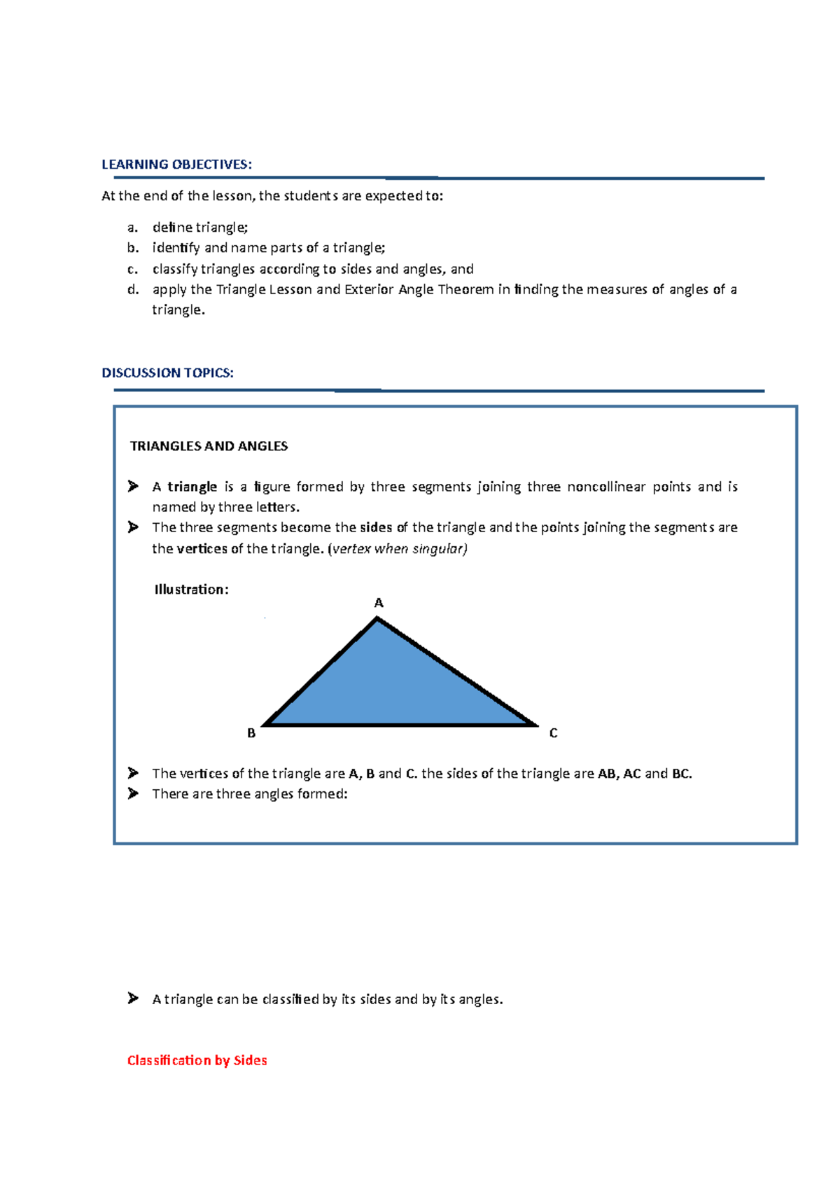 Triangles and angles (study material and quiz) - LEARNING OBJECTIVES ...