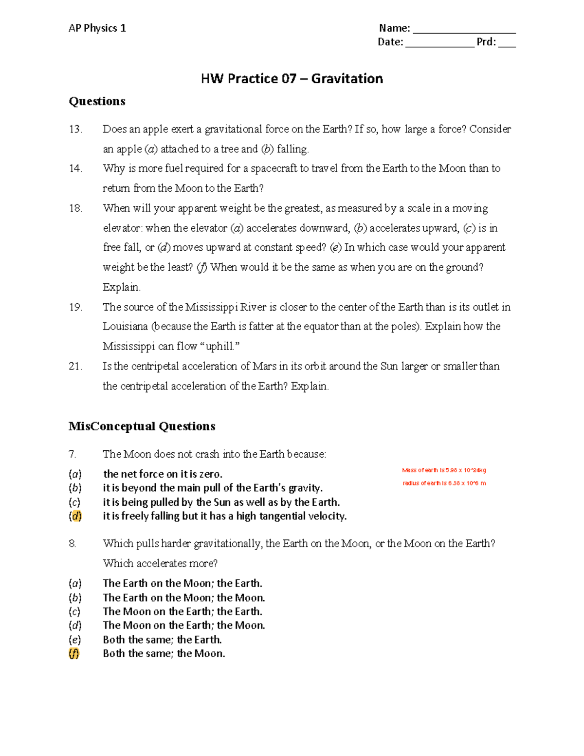 HW Pract 07 - Gravitation practice materials - AP Physics 1 Name ...