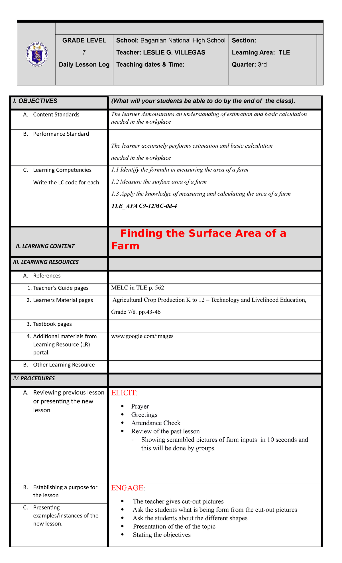 Final lp for demo - OBSERVATION - GRADE LEVEL 7 Daily Lesson Log School ...