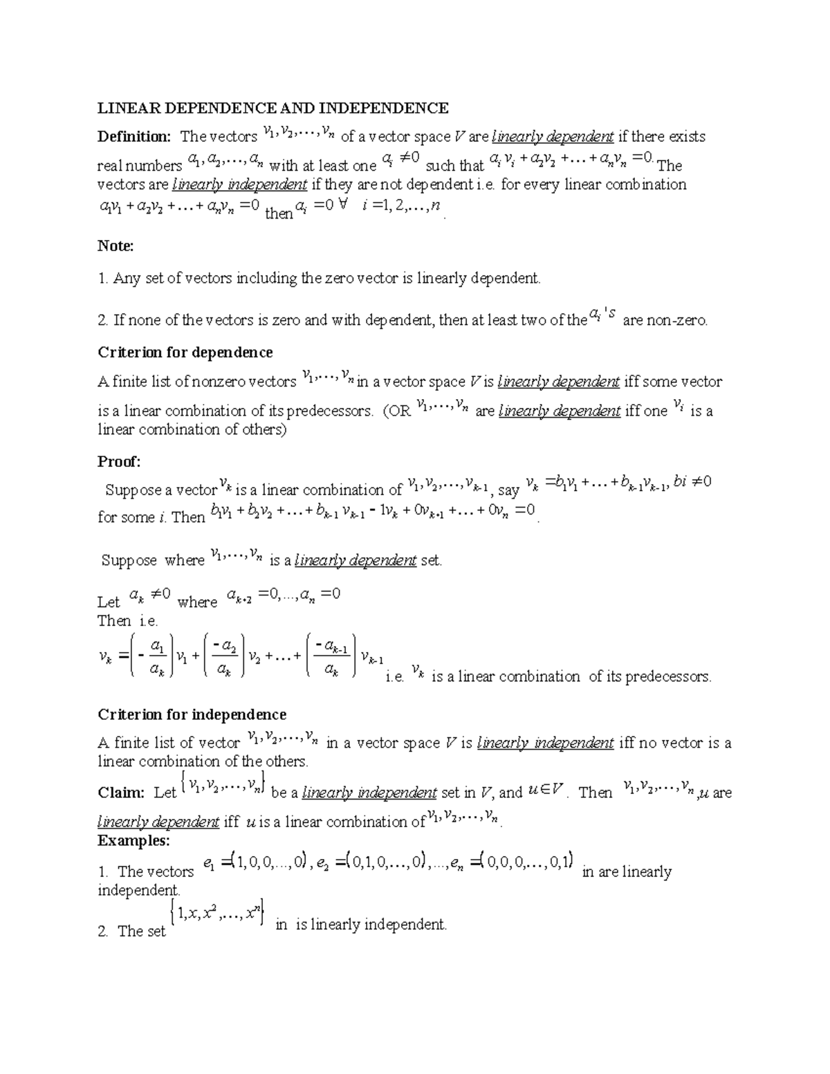 WEEK 12 - Linear Dependence AND Independence - ####### LINEAR ...