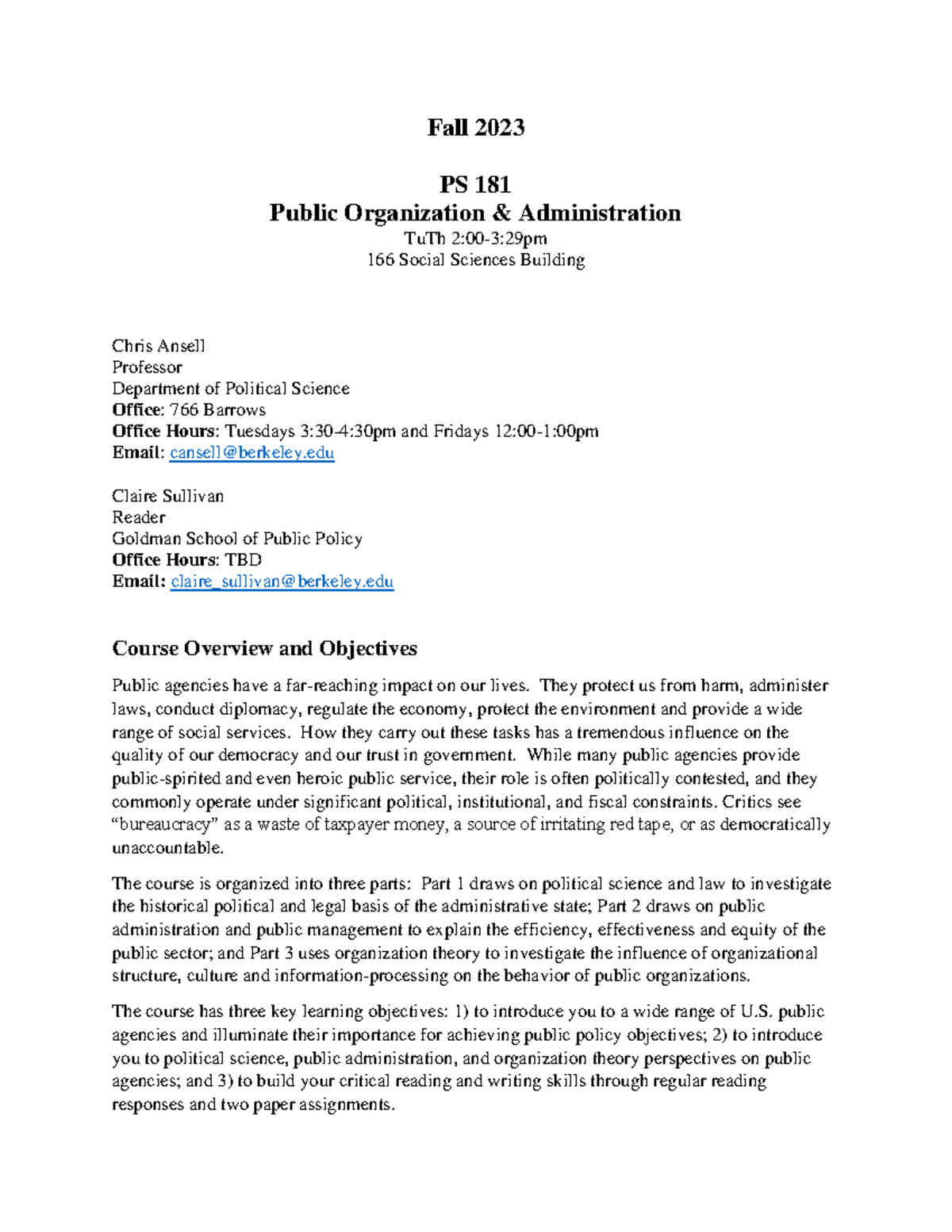 PS181 Syllabus and Course Requirements Fall 2023 - Fall 20 23 PS 181 ...