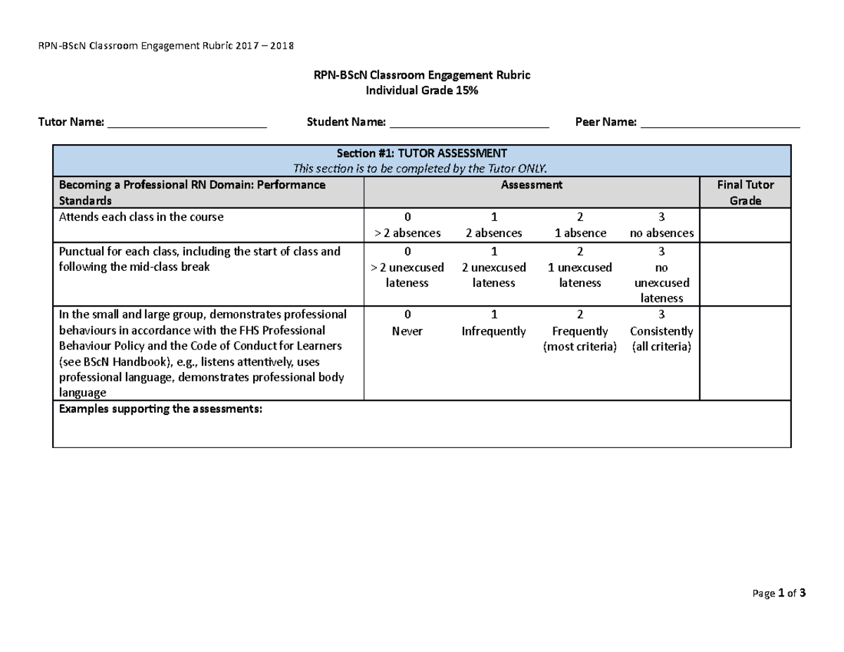 Classroom Engagement Rubric - Becoming a Professional RN Domain ...