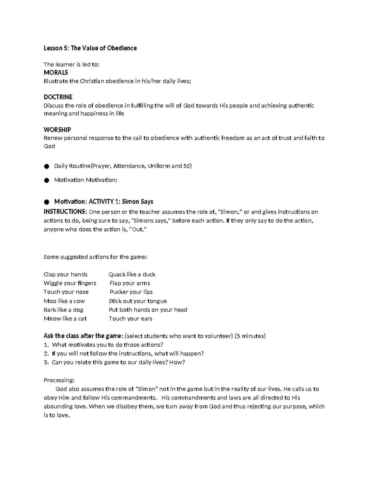 FCL 7 Lesson 5 Detailed Lesson Plan - Lesson 5: The Value of Obedience ...