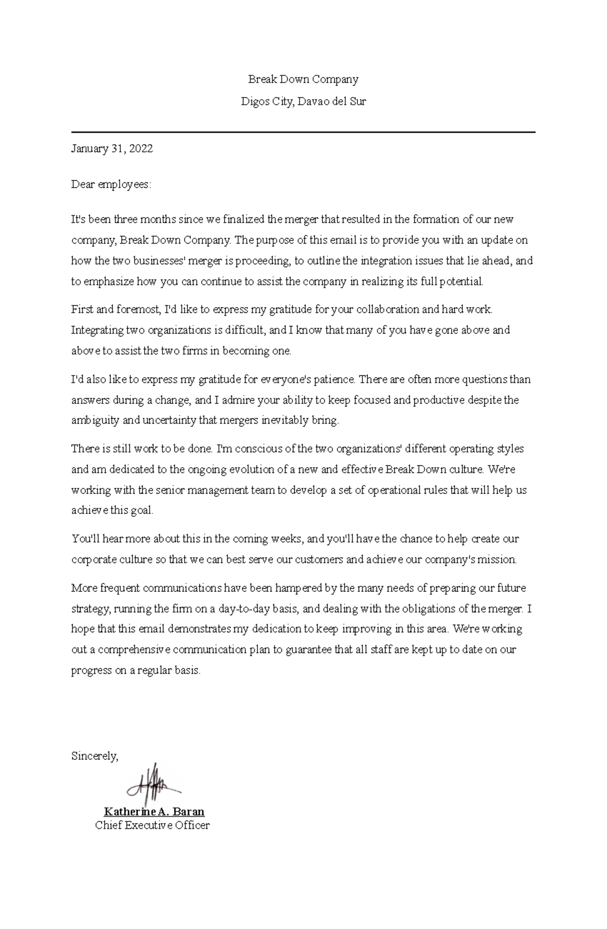 Communication Letter BSA 4 - Break Down Company Digos City, Davao del ...