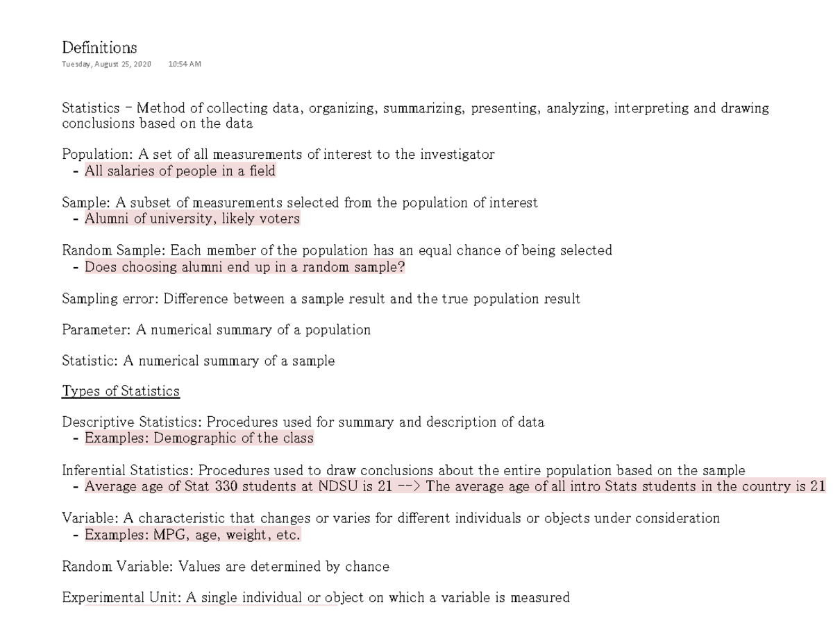 Definitions - Statistics - 㻿㼠㼍㼠㼕㼟㼠㼕㼏㼟㻌㻙 - Studocu