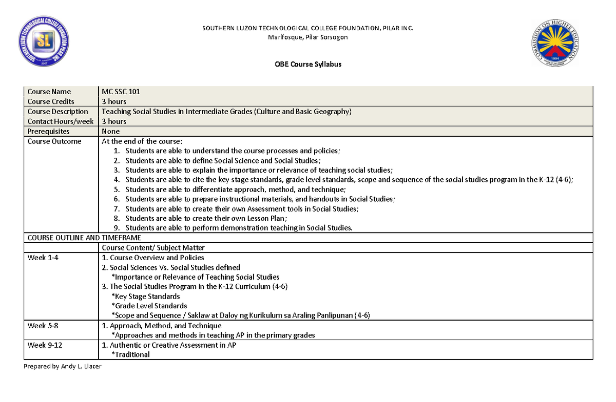 Syllabus in MC SSC 101 - Peke peke pke peke ekep ekep ekp ekep keo ekpe - Marifosque, Pilar ...