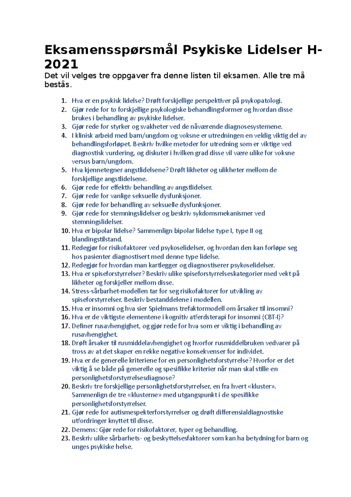 Eksamensoppgaver H2021 Psykiske Lidelser Liste 1 - PSY1017 - NTNU - Studocu