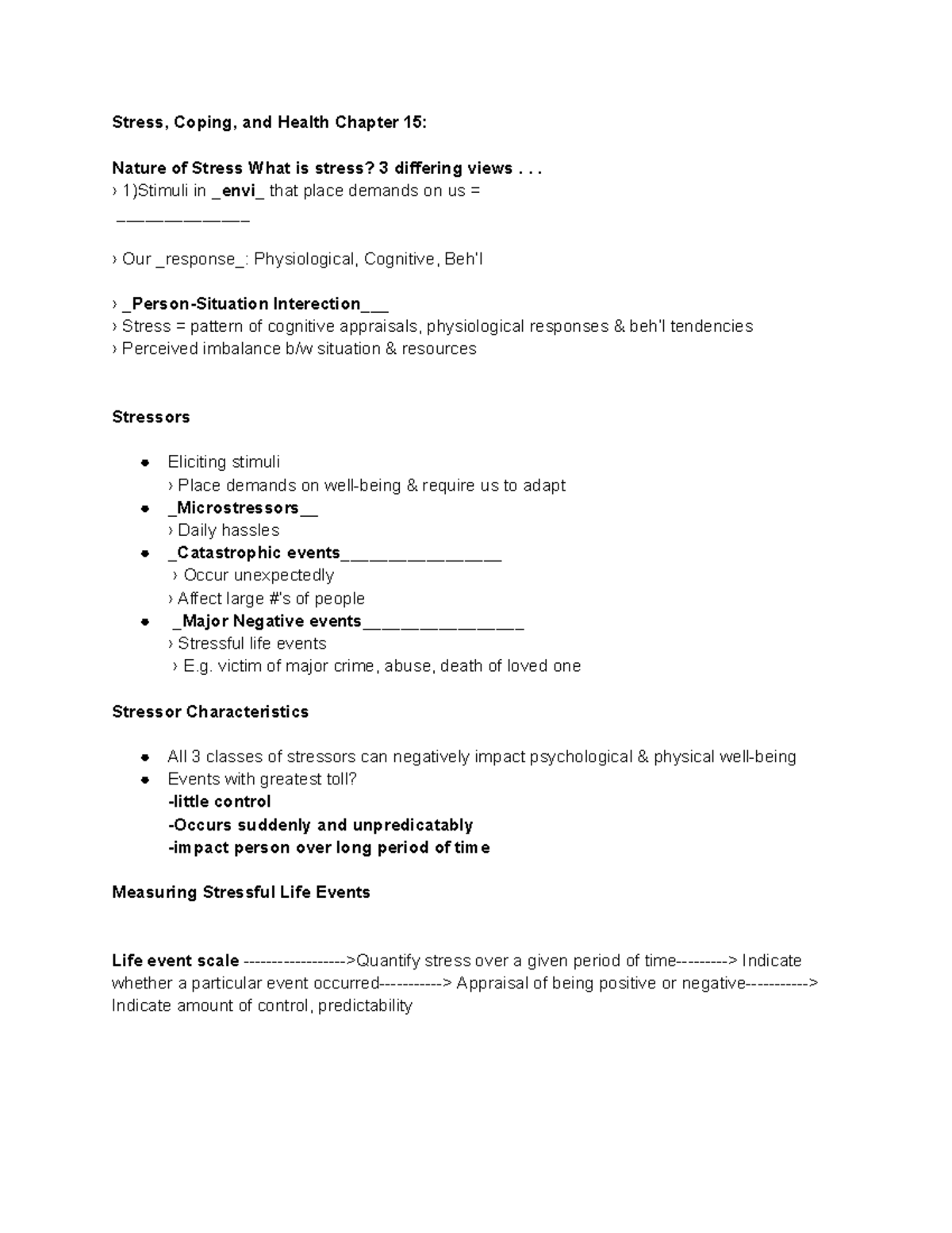Psych 1015B Chpt 15 - lecture notes for chpt 15 - Stress, Coping, and ...