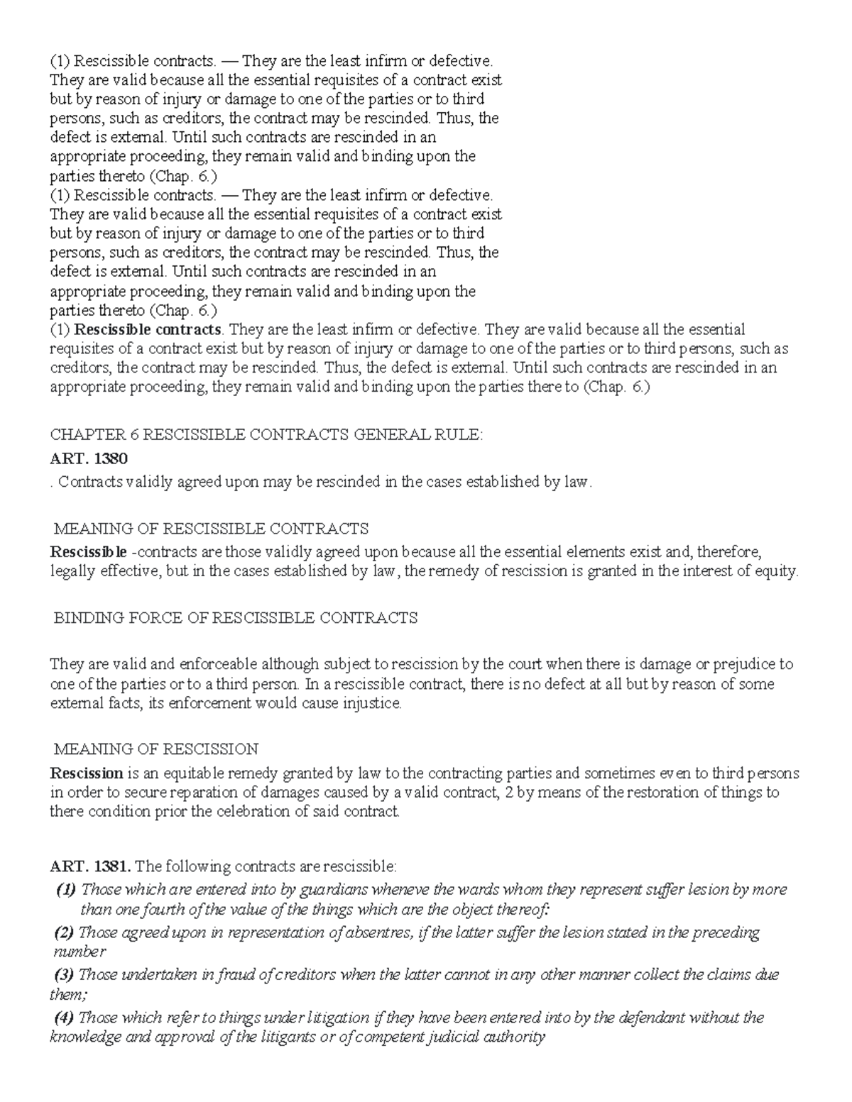 ART 1380 - never mind - (1) Rescissible contracts. — They are the least ...