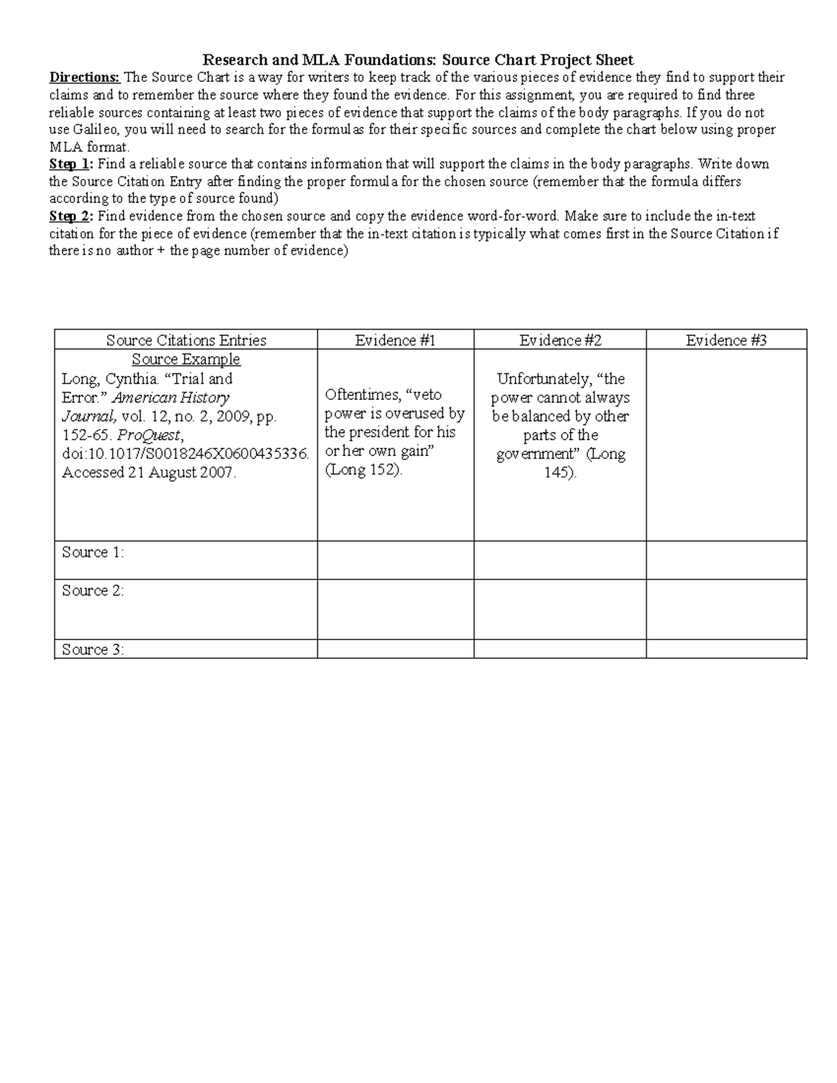Source Chart Project Sheet - Research and MLA Foundations: Source Chart ...
