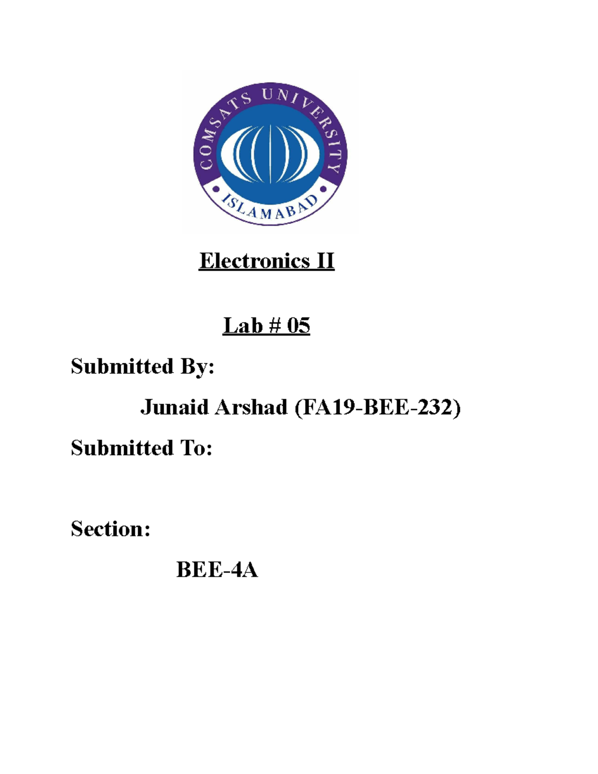 Junaid Arshad(FA19-BEE-232)EL2 lab5 - Electronics II Lab # 05 Submitted By: Junaid Arshad - Studocu