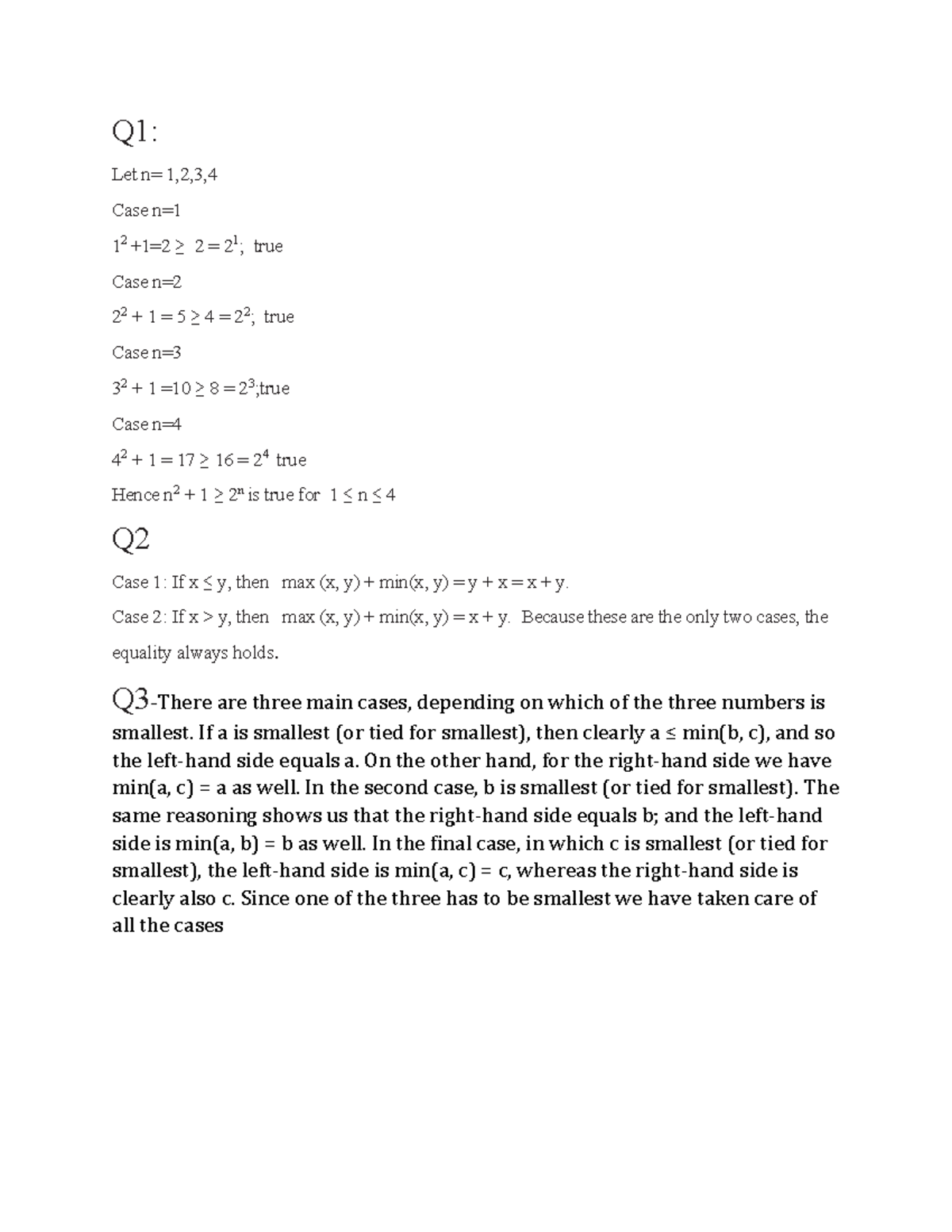 Answer Key-Proofs-2 - Q1: Let n= 1,2,3, Case n= 12 +1=2 ≥ 2 = 2 1 ; true Case n= 22 + 1 = 5 ≥ 4 ...