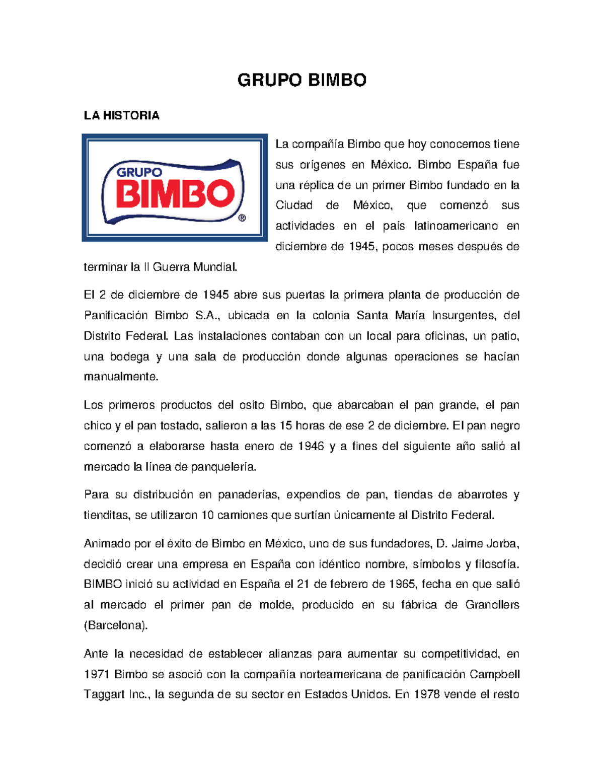 Pdfcoffee - Derecho fiscal - GRUPO BIMBO LA HISTORIA La compañía Bimbo ...